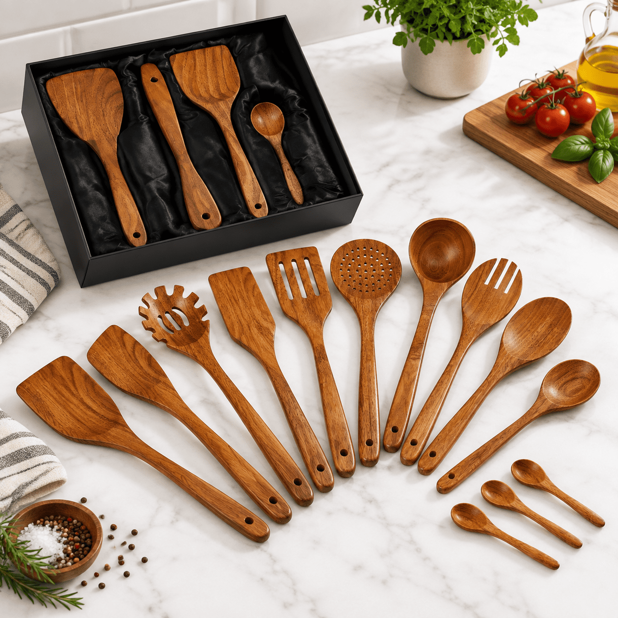 13 Wooden Cooking Utensil Set With Gift Box - Spoons For & Serving ...