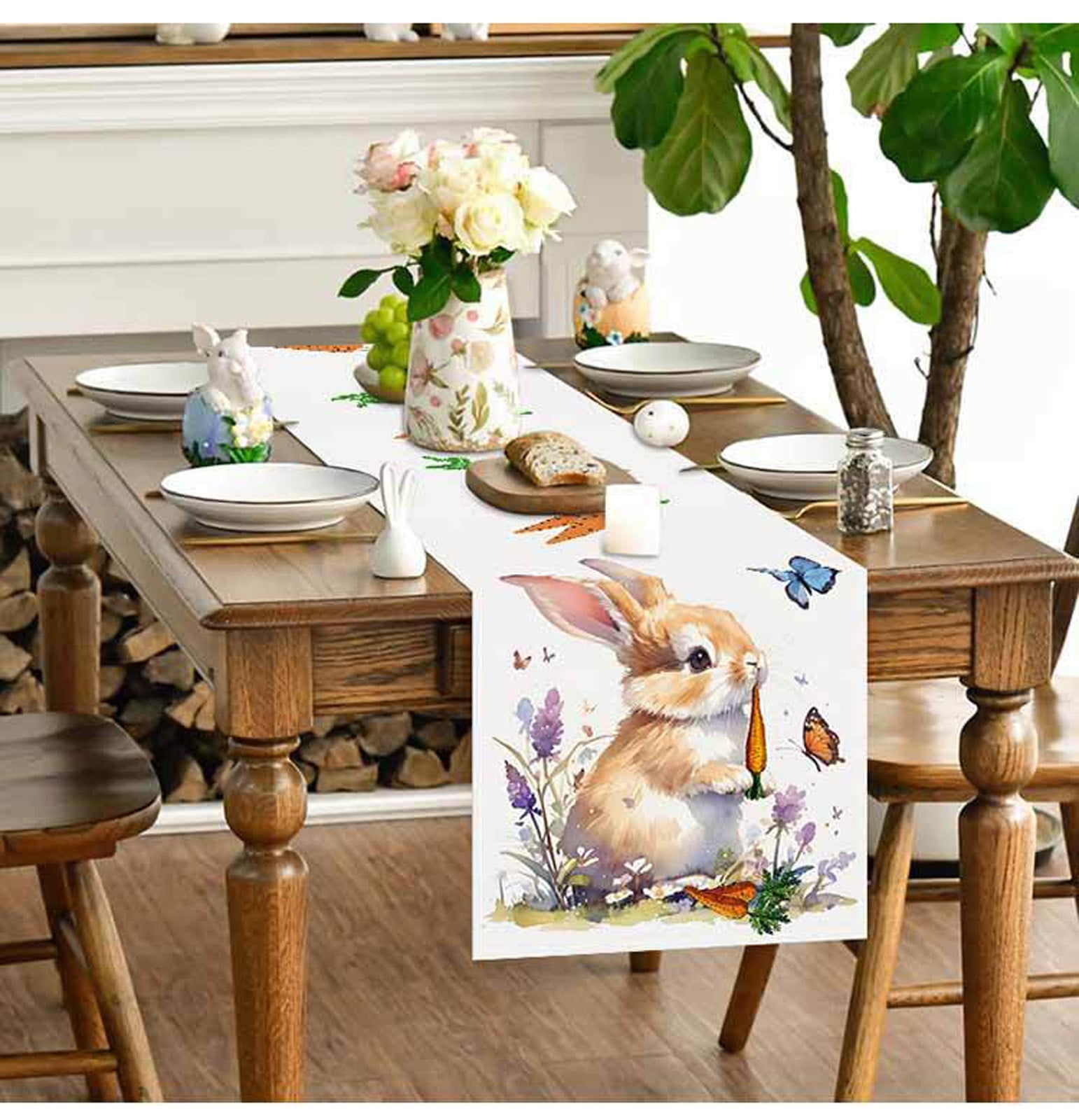 13" X 72" Easter Retro Table Runner, Cute Rabbit Butterfly Carrot ...