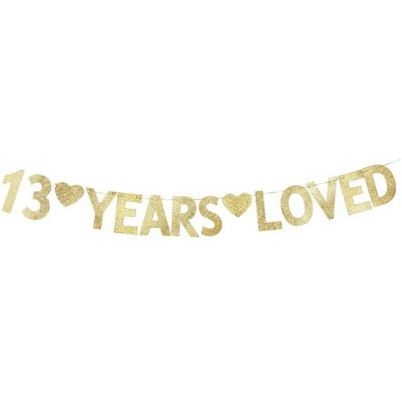 13 Years Loved Banner, Gold Gliter Paper Sign for 13th Birthday Party ...