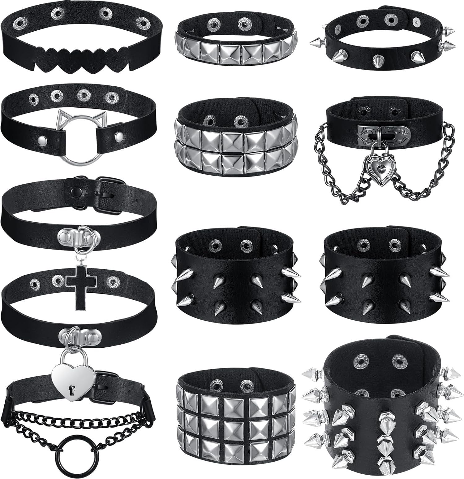 13 count Leather Spike Choker Studded Bracelet Cuffs Set Gothic Punk ...