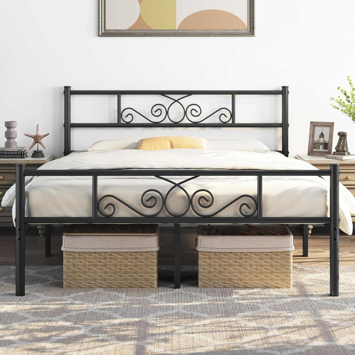 13 inch Black Classic Metal Bed Frame with Headboard Mattress Foundation/Platform Bed/Slatted ...