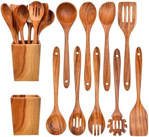 13 inch Long Wooden Spoons for Cooking, 9 PCS Natural Teak Wooden ...