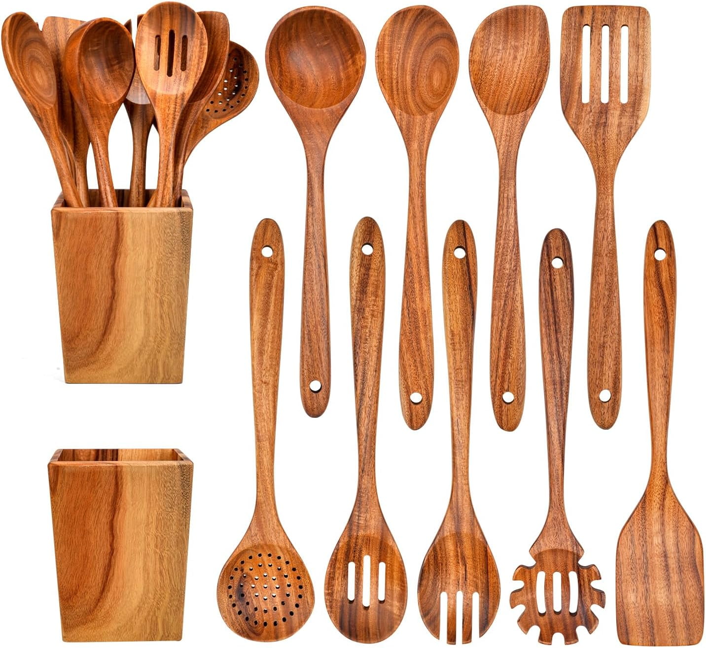 13 inch Long Wooden Spoons for Cooking, 9 PCS Natural Teak Wooden ...