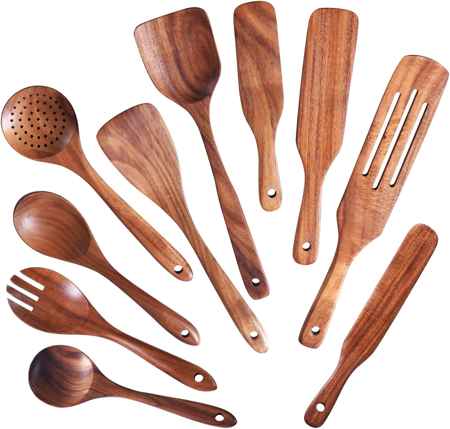 Long Wooden Spoons for Cooking, Natural Teak Wooden Kitchen Utensil Set ...