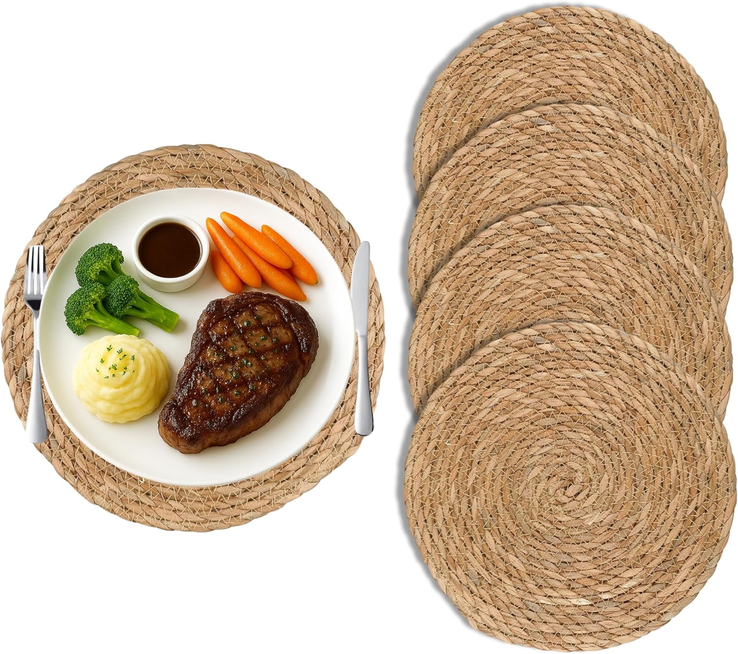 13 inch Round Woven Placemats Set of 6, Natural Hand-Woven Water ...