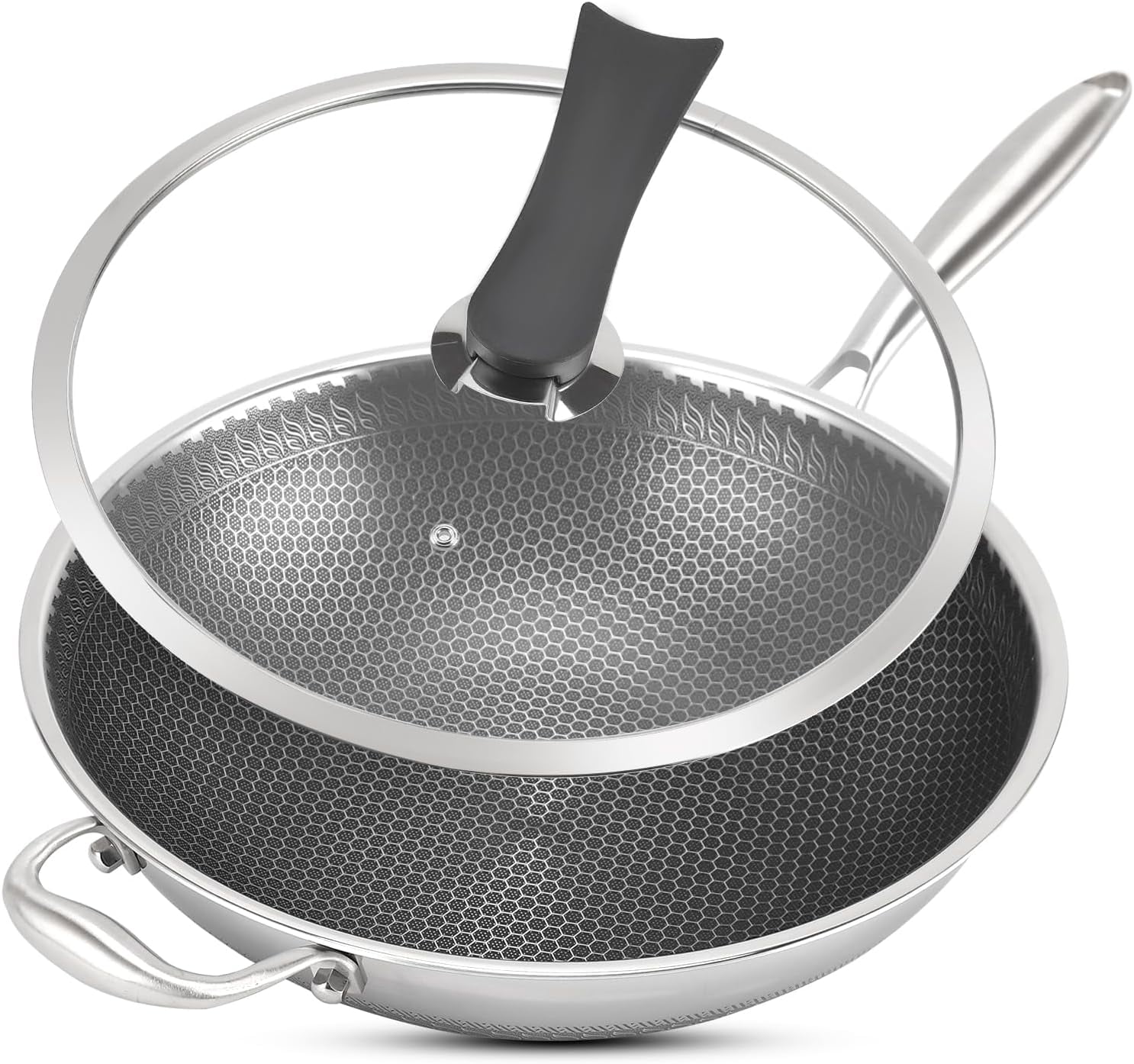13 inch Wok Pan,Stainless Steel Stir-fry Wok, Non Stick Honeycomb ...