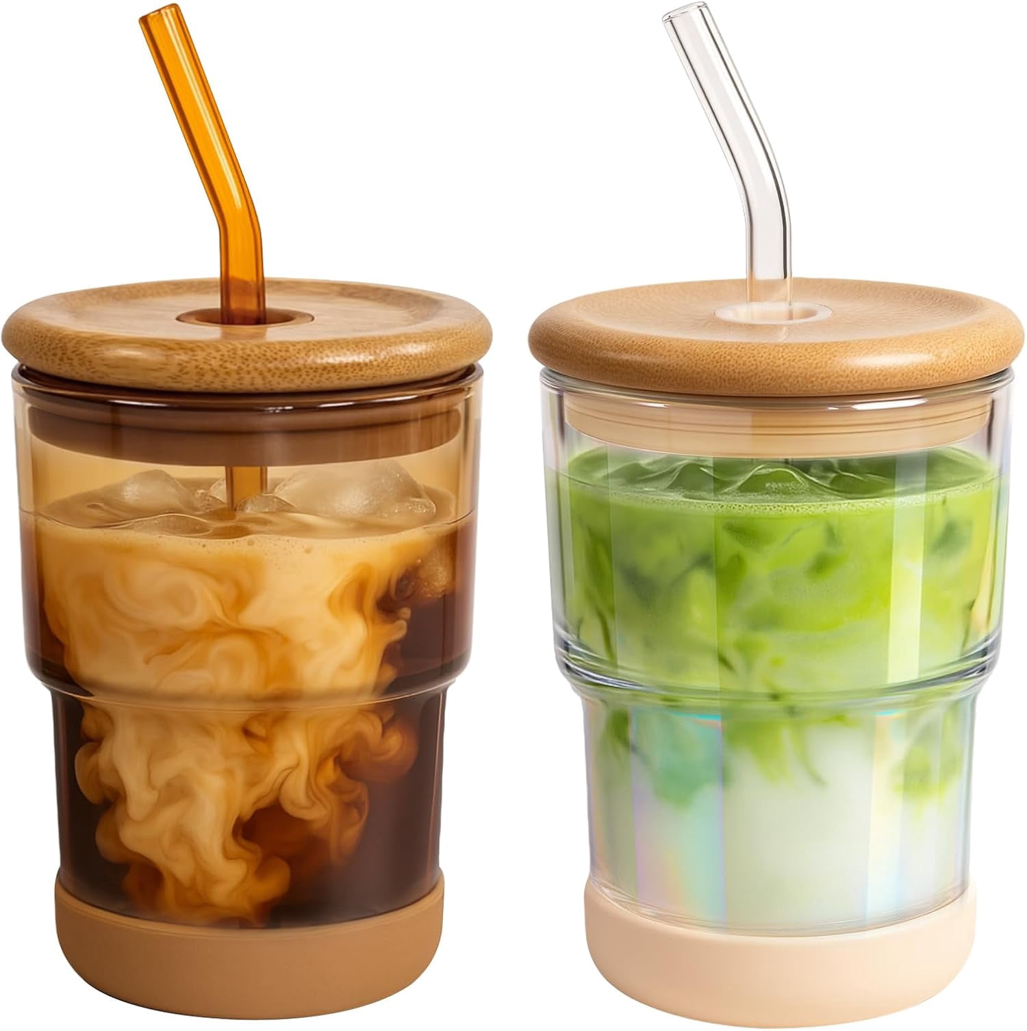 13 oz Glass Iced Coffee Cups with Lid and Straw for Office//Work ...