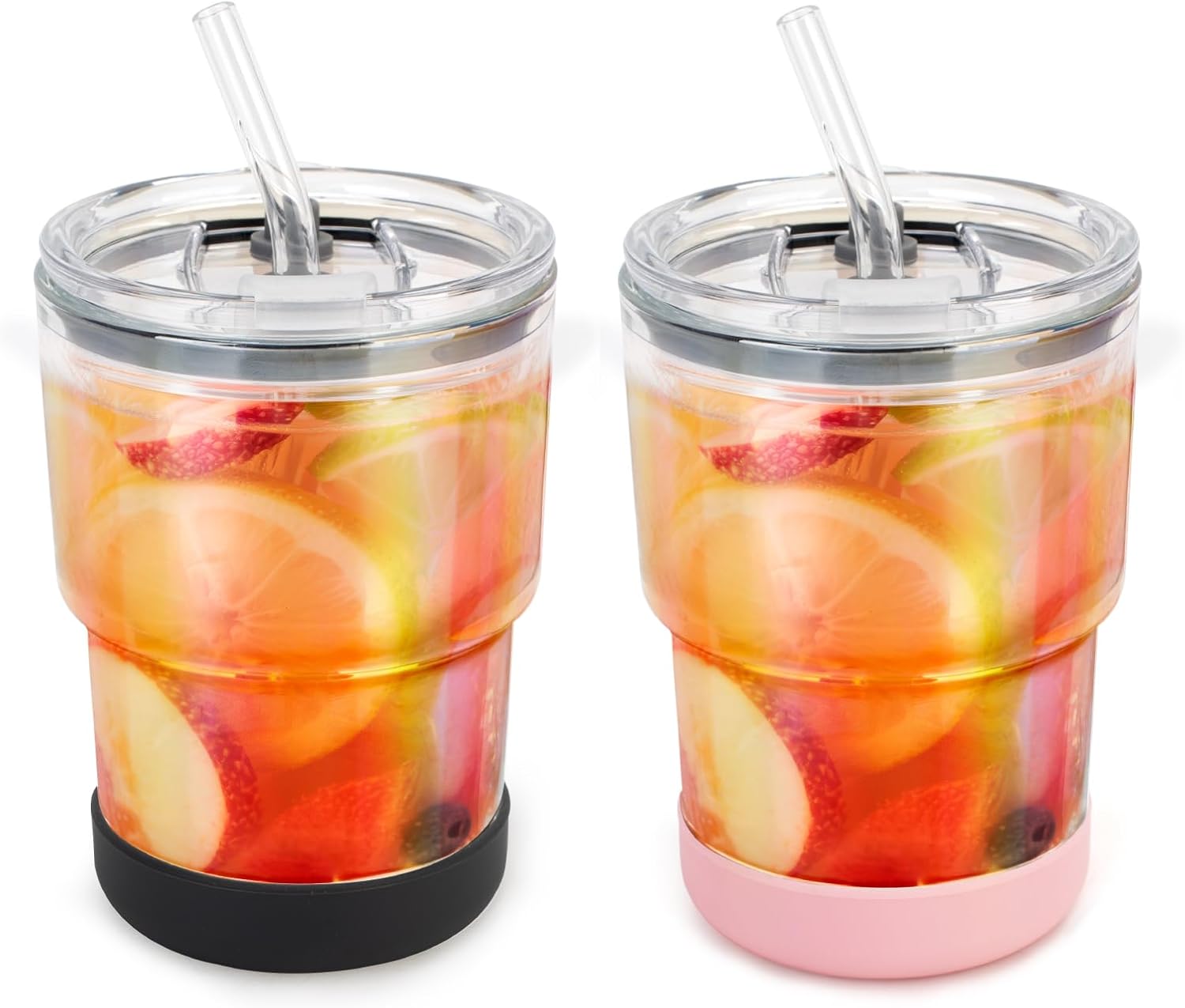 13 oz glass water tumbler with straw and lid, 2 pack glass water cup ...