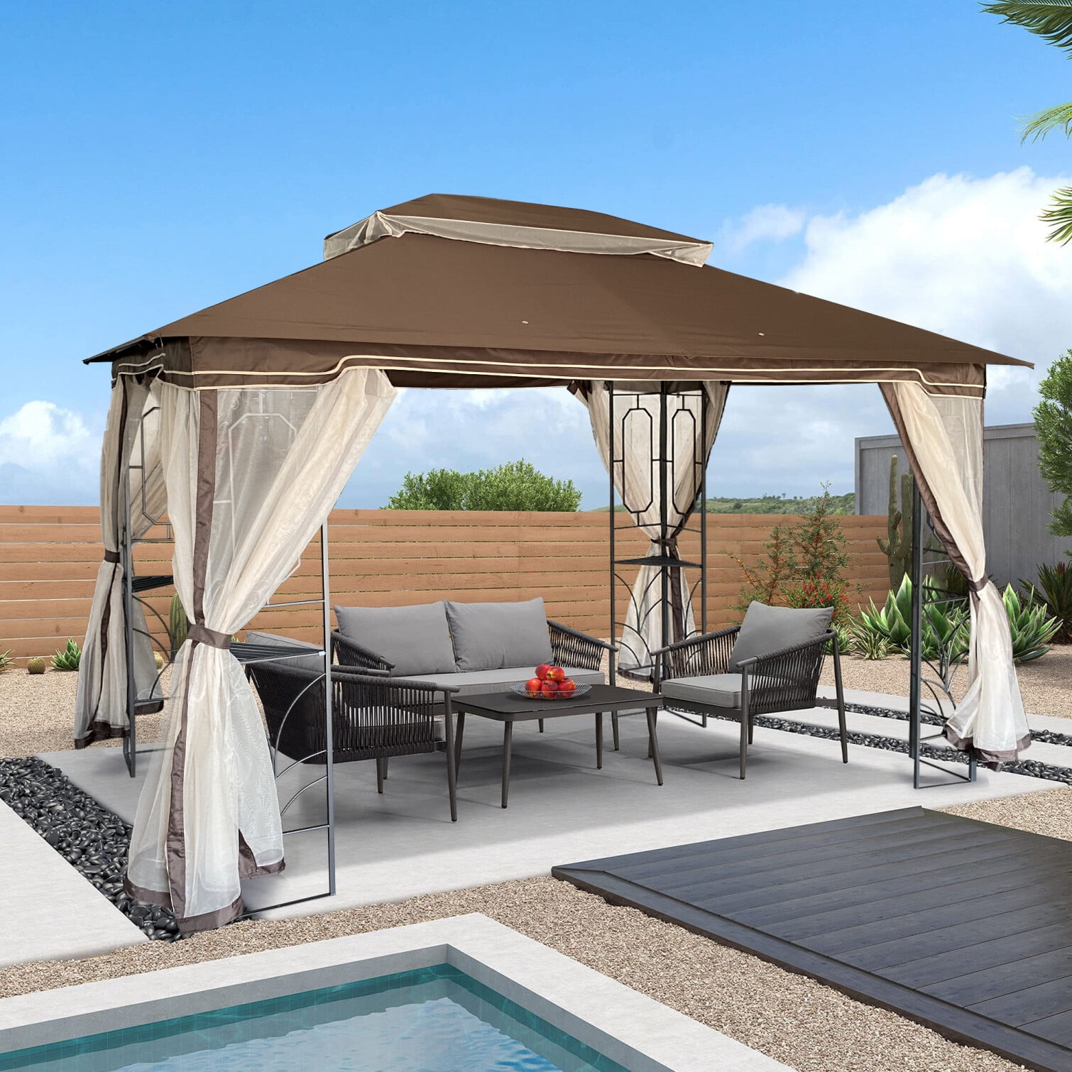 13' x 10' Outdoor Metal Patio Gazebo, Ventilated Double Roof Gazebo ...