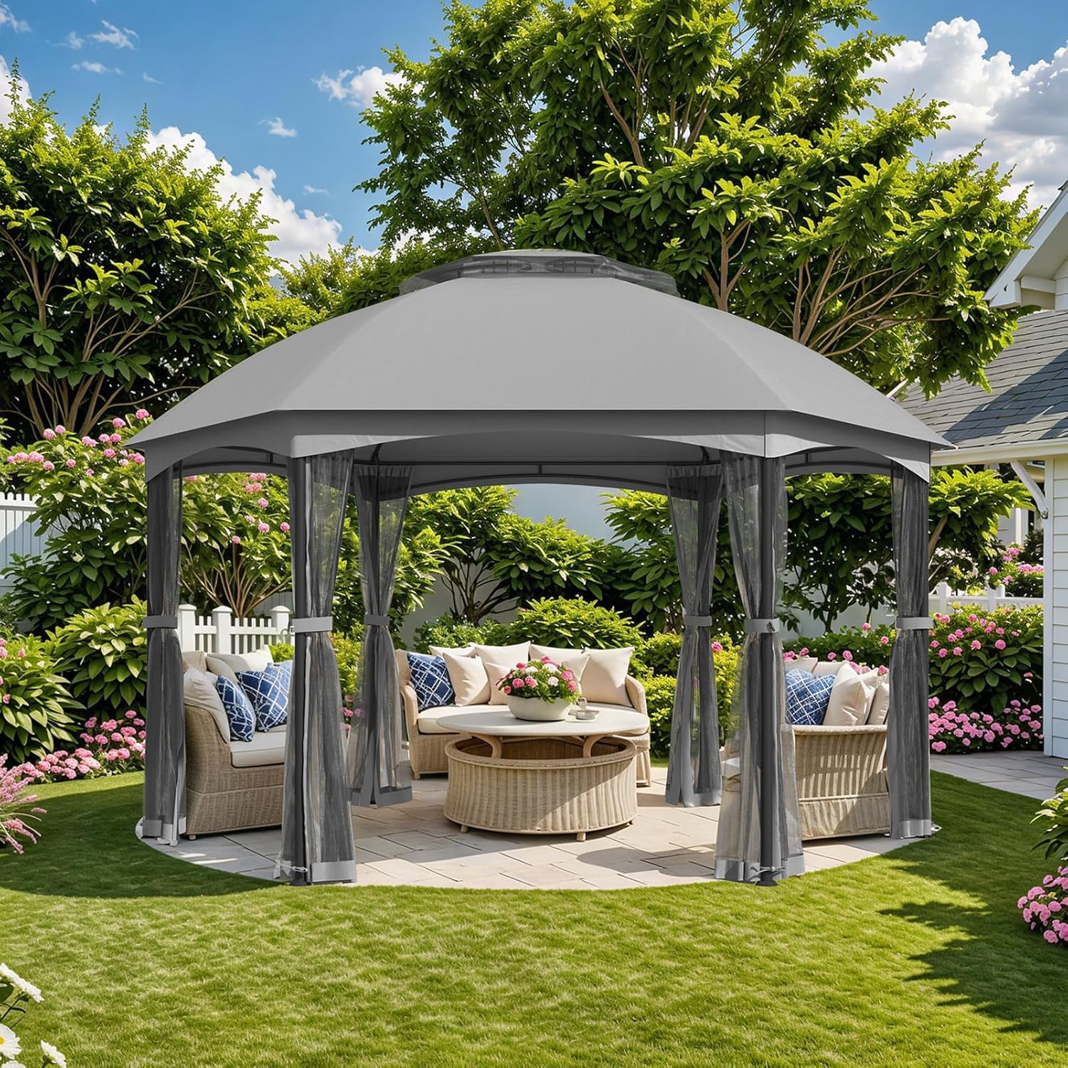 13 x 13 Ft 6 Sided Outdoor Gazebo with Double Air Roofs and Netting ...