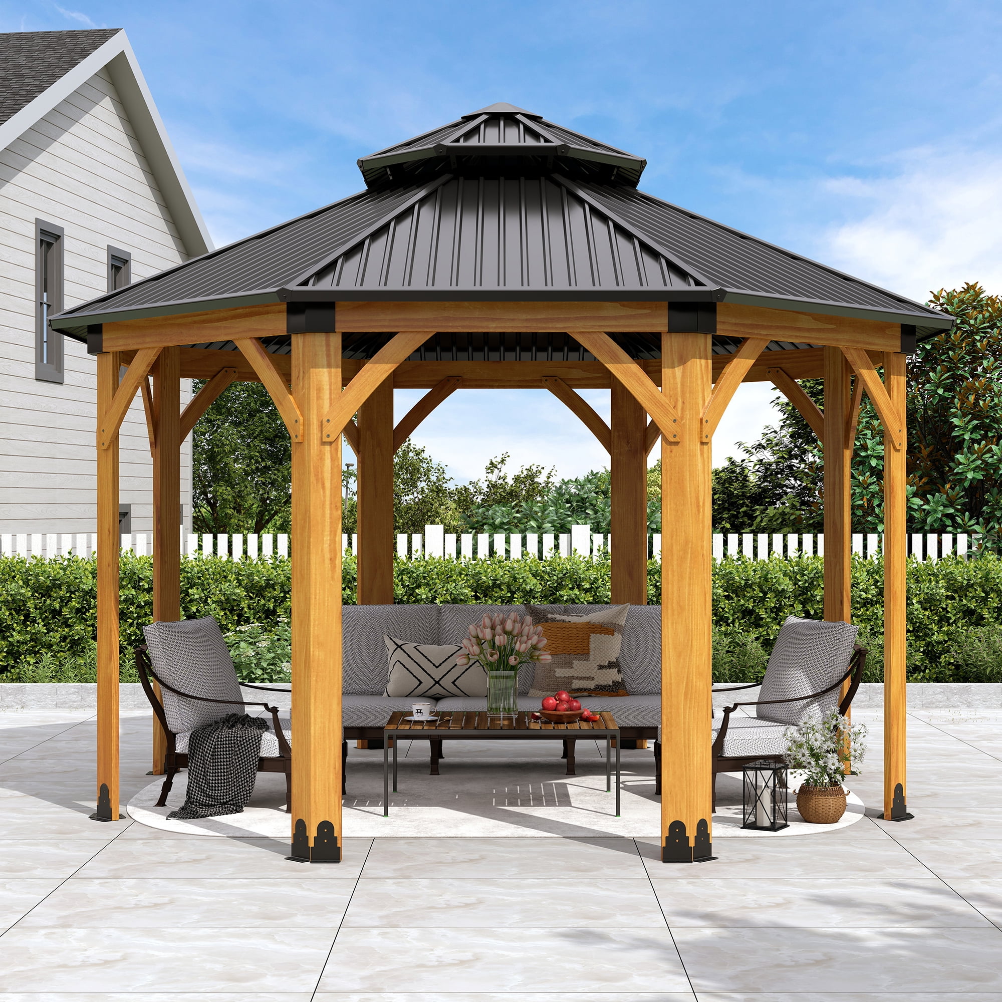 13' x 13' Upgraded Wood Hardtop Gazebo, Spruce Wood Octagonal Gazebo ...
