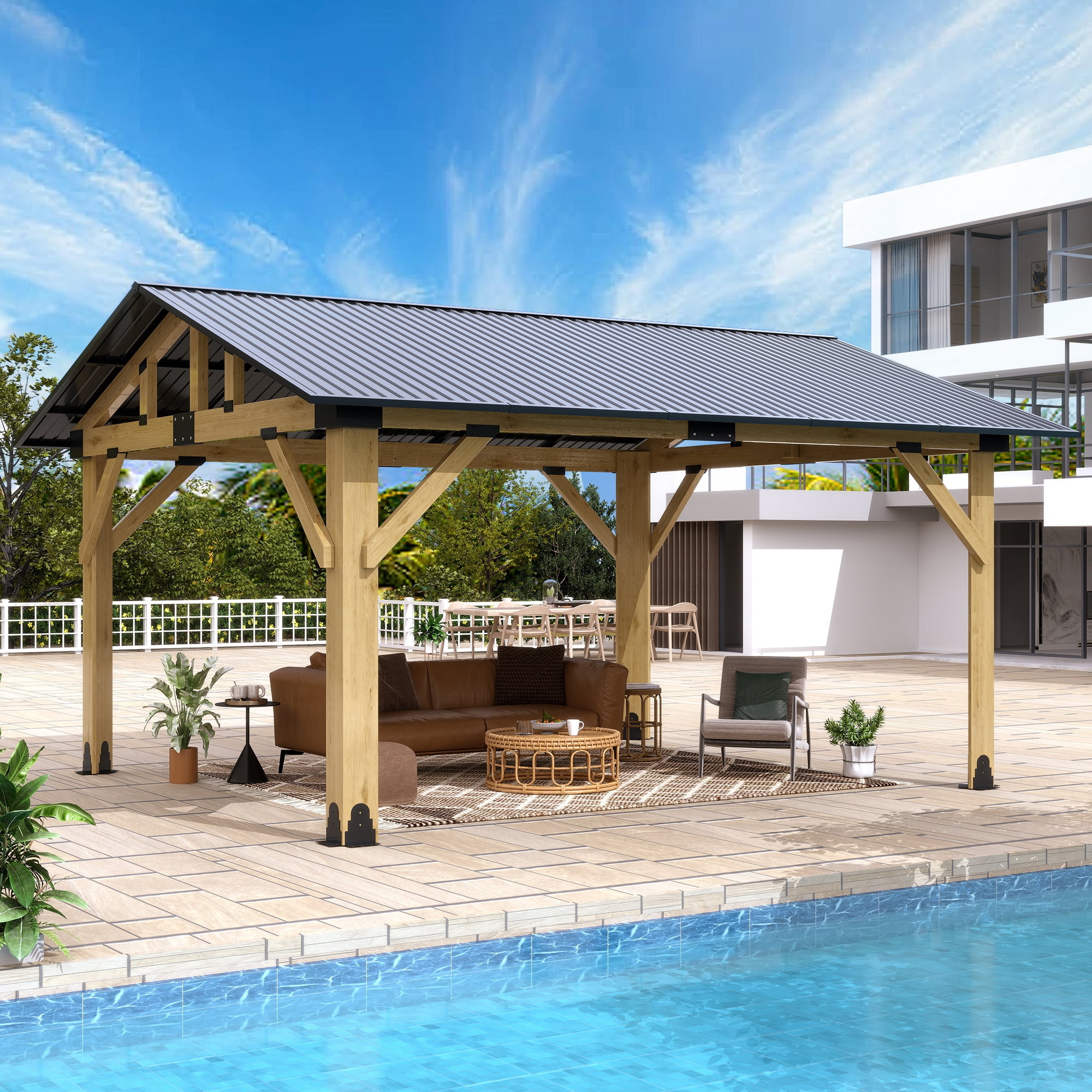 13'x 15' Wood Gazebo, Outdoor Hardtop Gazebo with Galvanized Steel Roof ...