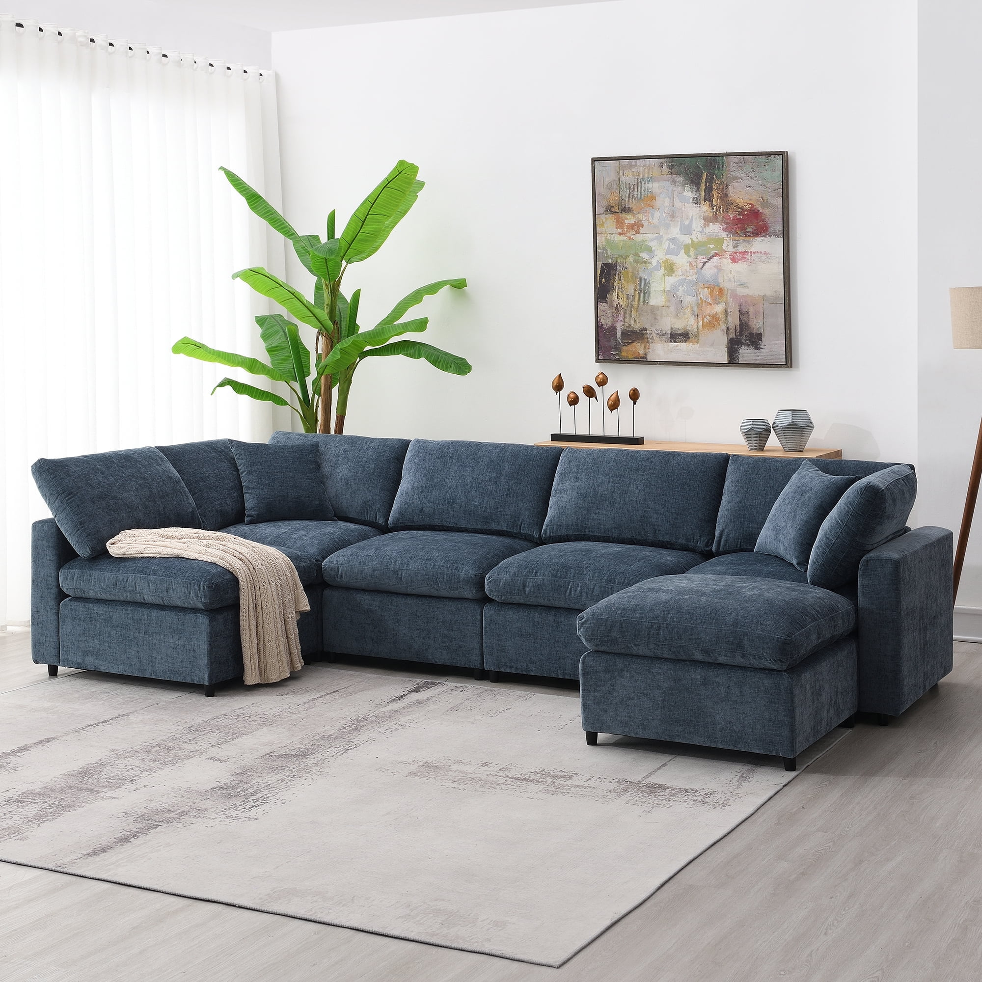 130*65" Modern Modular Cloud Sofa Bed, 6 Seat Chenille Sectional Couch ...