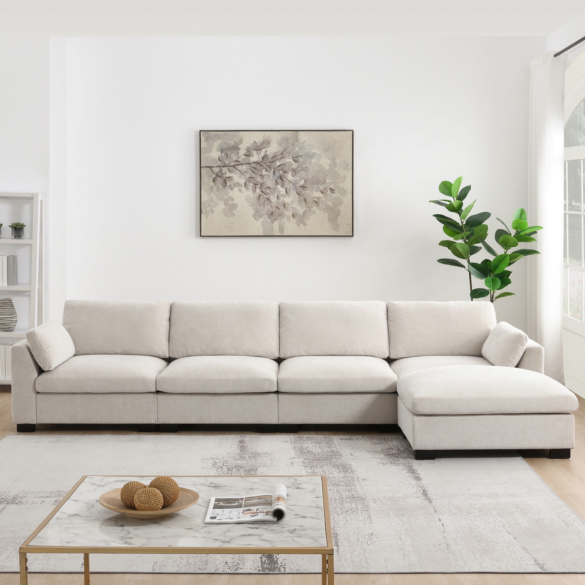 130" Modular Sectional Sofa, L-Shape with Folding Table and Dual-Port ...