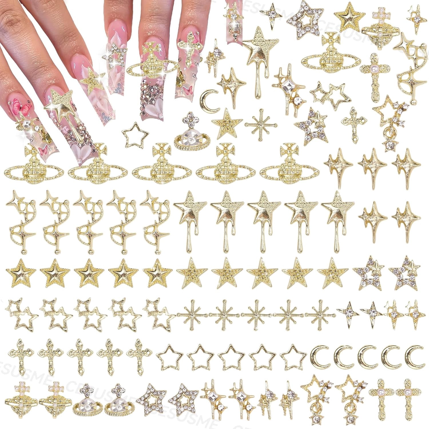 130 Pcs Alloy Gold Star Cross Nail Charms, 21 Styles 3D Y2K Metal Star ...