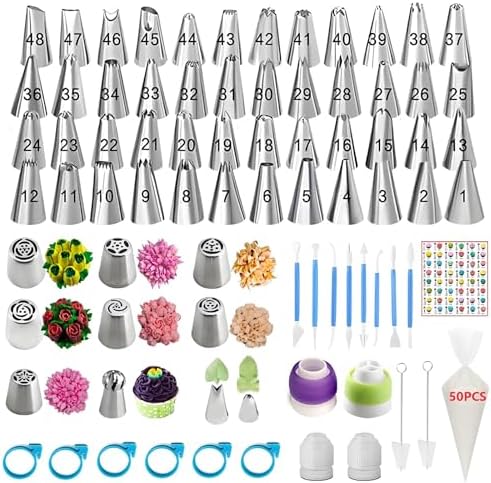 130 Pcs Piping Bags and Tips Set with 48 Numbered Icing Tips,7 Russian ...
