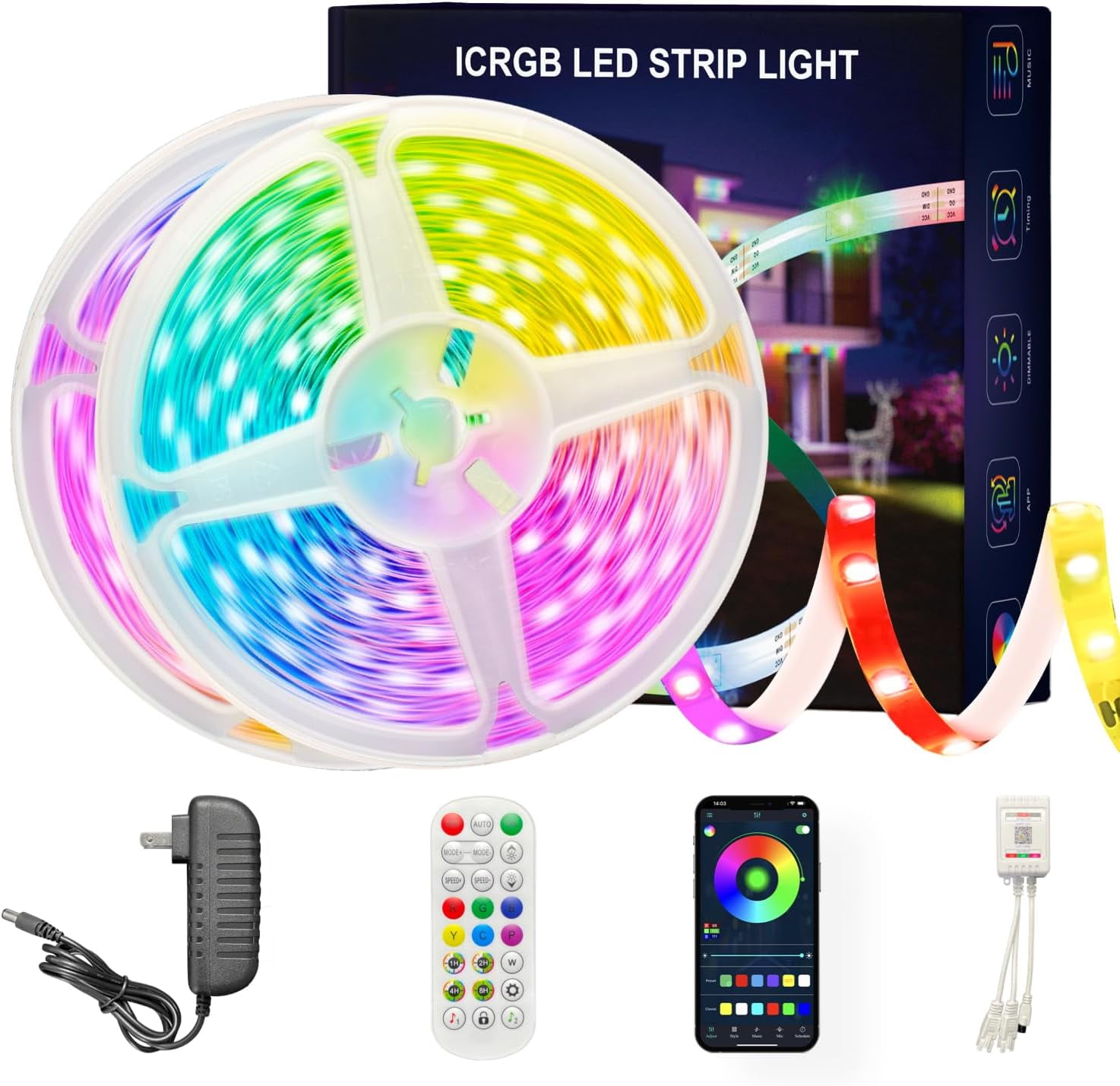 130 ft(2 Rolls of 65ft) IC+, Lights for ,Music Sync Color Changing ...