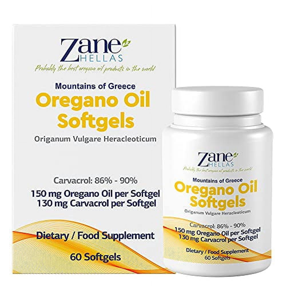 130 mg Carvacrol 150 mg Oregano Oil per Softgel. World Highest Concentration Oregano Oil Capsule. Zane Hellas Oregano Oil. Softgel Contains 30 Greek Essential Oil of Oregano. 60 Softgels. Walmart