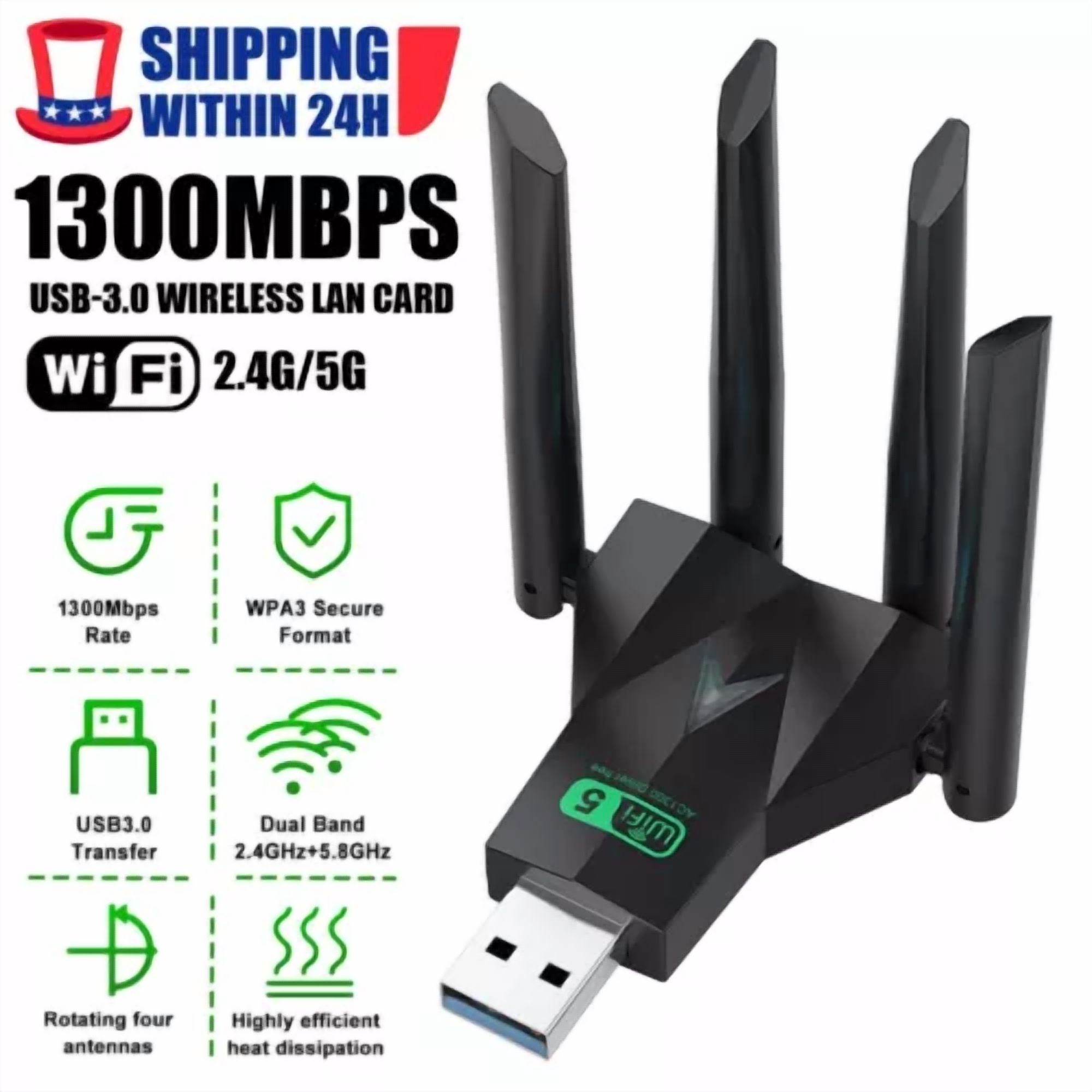 1300Mbps 2.4G/5G Wireless WiFi Network Receiver Adapter USB 3.0 Dual ...