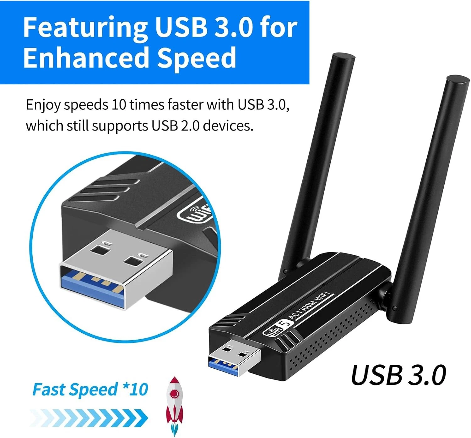 1300Mbps Usb 3.0 Wifi Adapter Dual Antennas 5G/2.4G Wireless Network ...