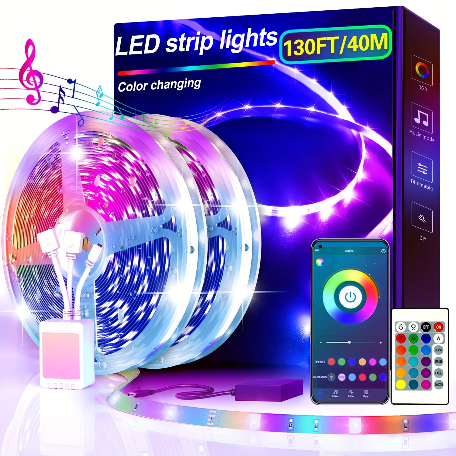 130ft RGB LED Smart Strip Light - Color Changing, Music Sync via Built ...