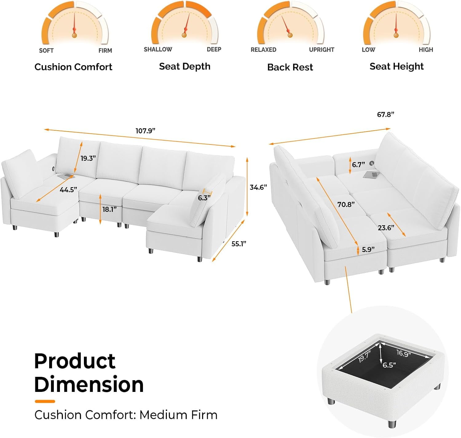 131.6"/108" White Linen Oversized Modular Sectional Sofa with Storage ...