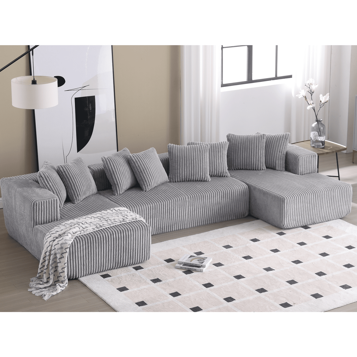 131'' Modular Sectional Couch, Striped Corduroy U-shaped Sofa with ...