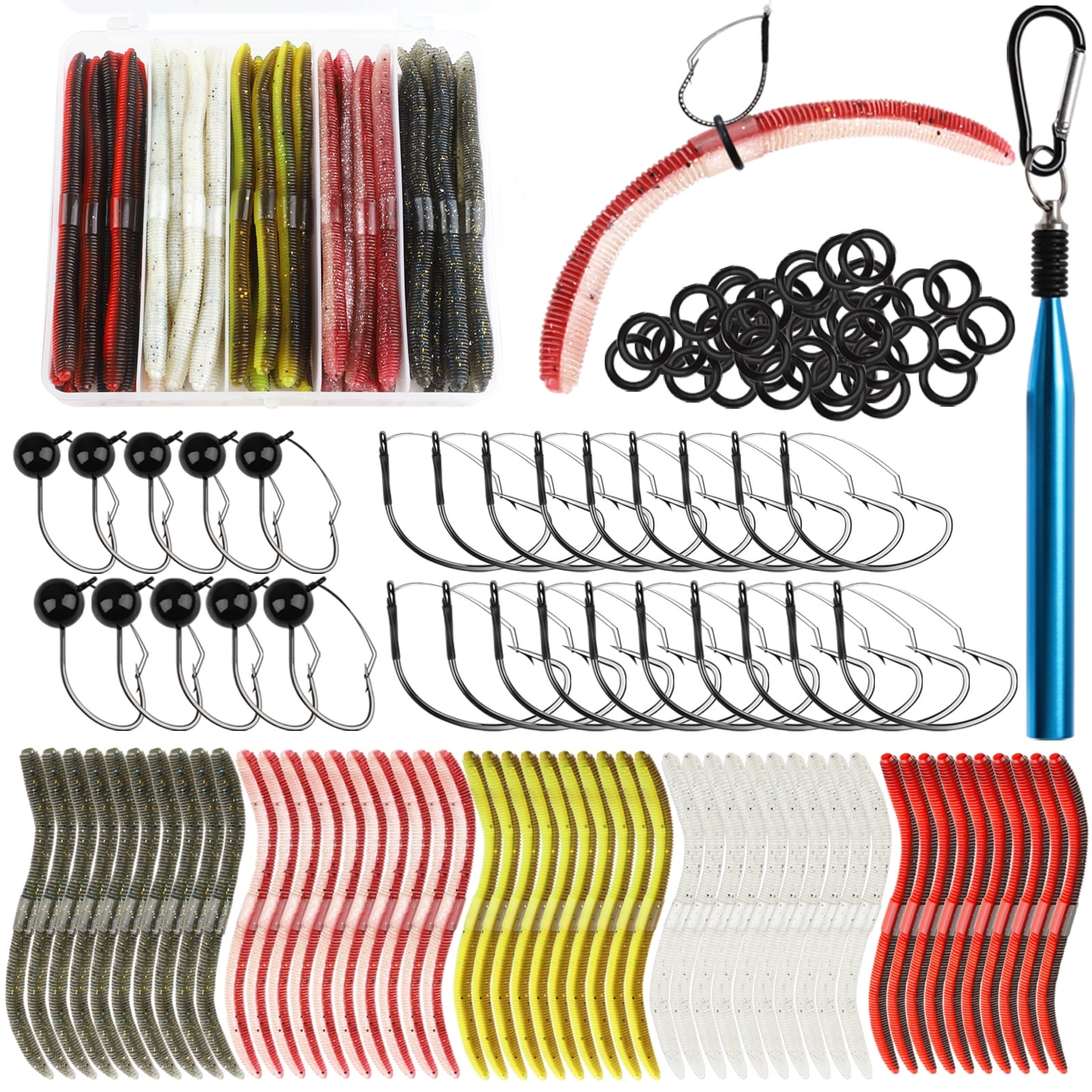 131PCS Dovesun Wacky Worm Fishing Kit with Weedless Hooks Jigheads O ...
