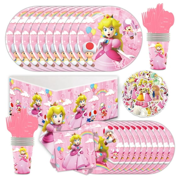 131Pcs Princess Peach Party CI30 Tableware For Mario, 50 stickers 20 ...