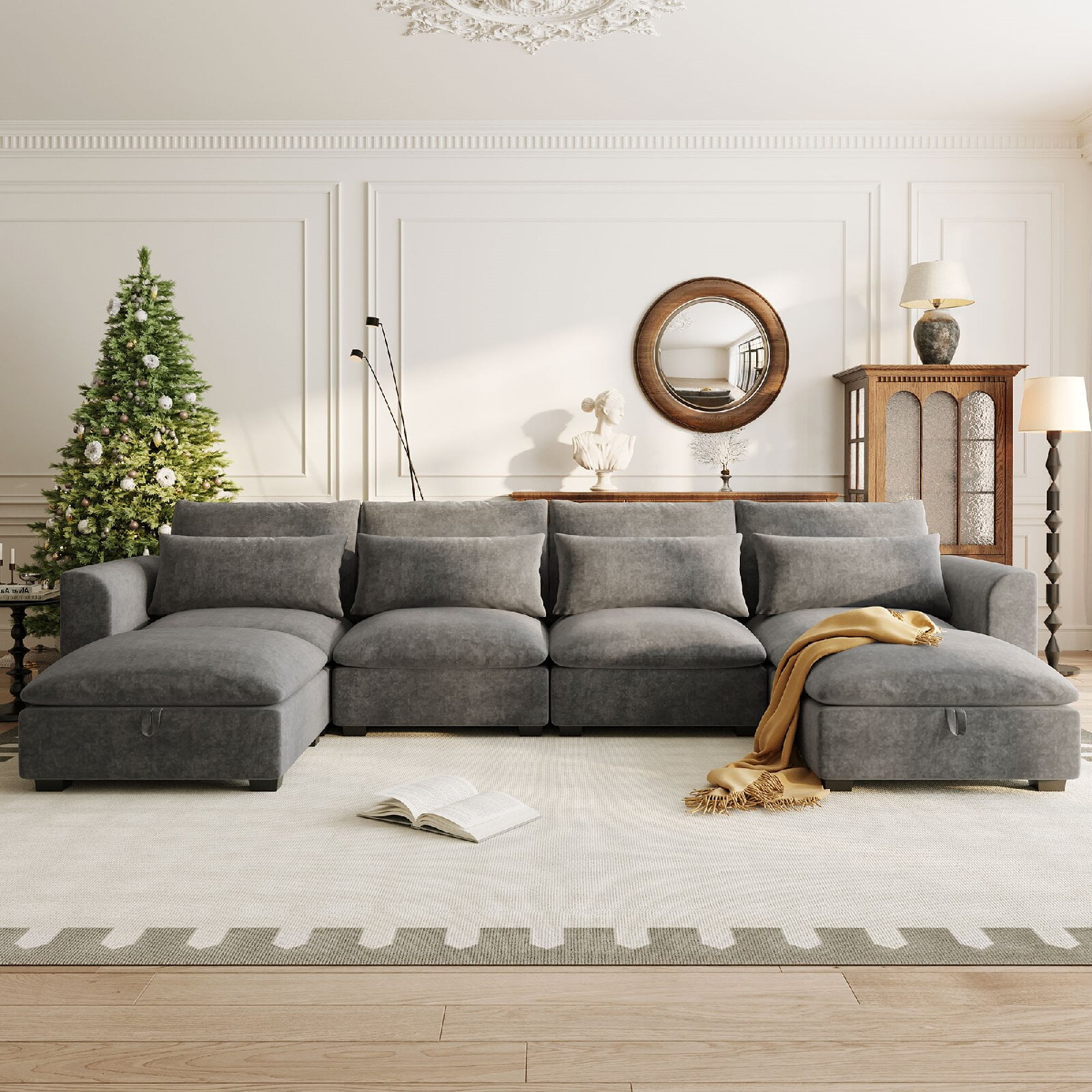 132.3" U-shaped Freely Transformable Modular Corner Sofa with Two Ottomans, 6-Seater Upholstered ...