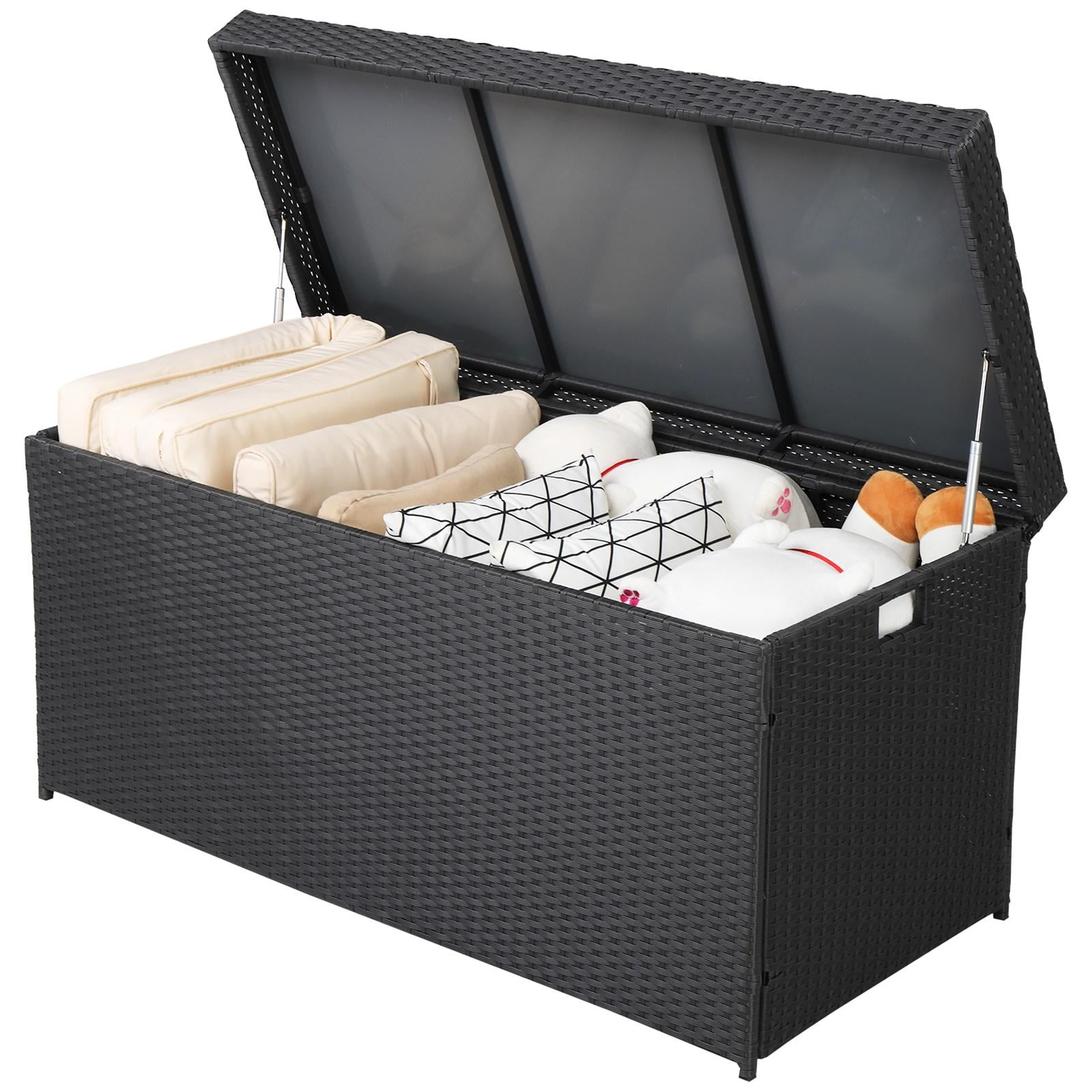 132 Gallon Outdoor Storage Box, Seizeen PE Rattan Patio Deck Box, Black ...