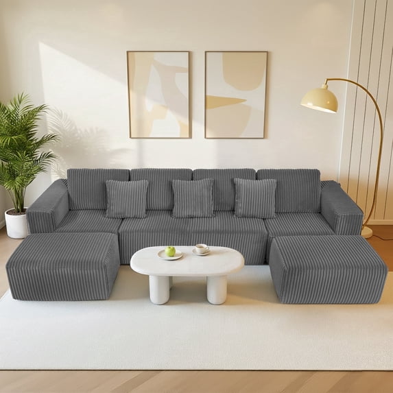 132" Gray Cloud Couch, U-Shaped Modular Sectional Sofa, 6-Seater ...