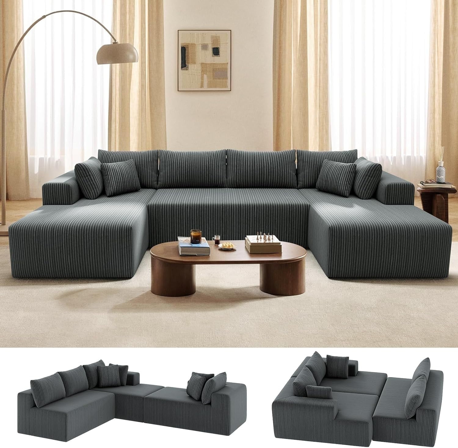 132''Modular Boneless Couches for Living Room, Corduroy Deep Seat Sofa ...