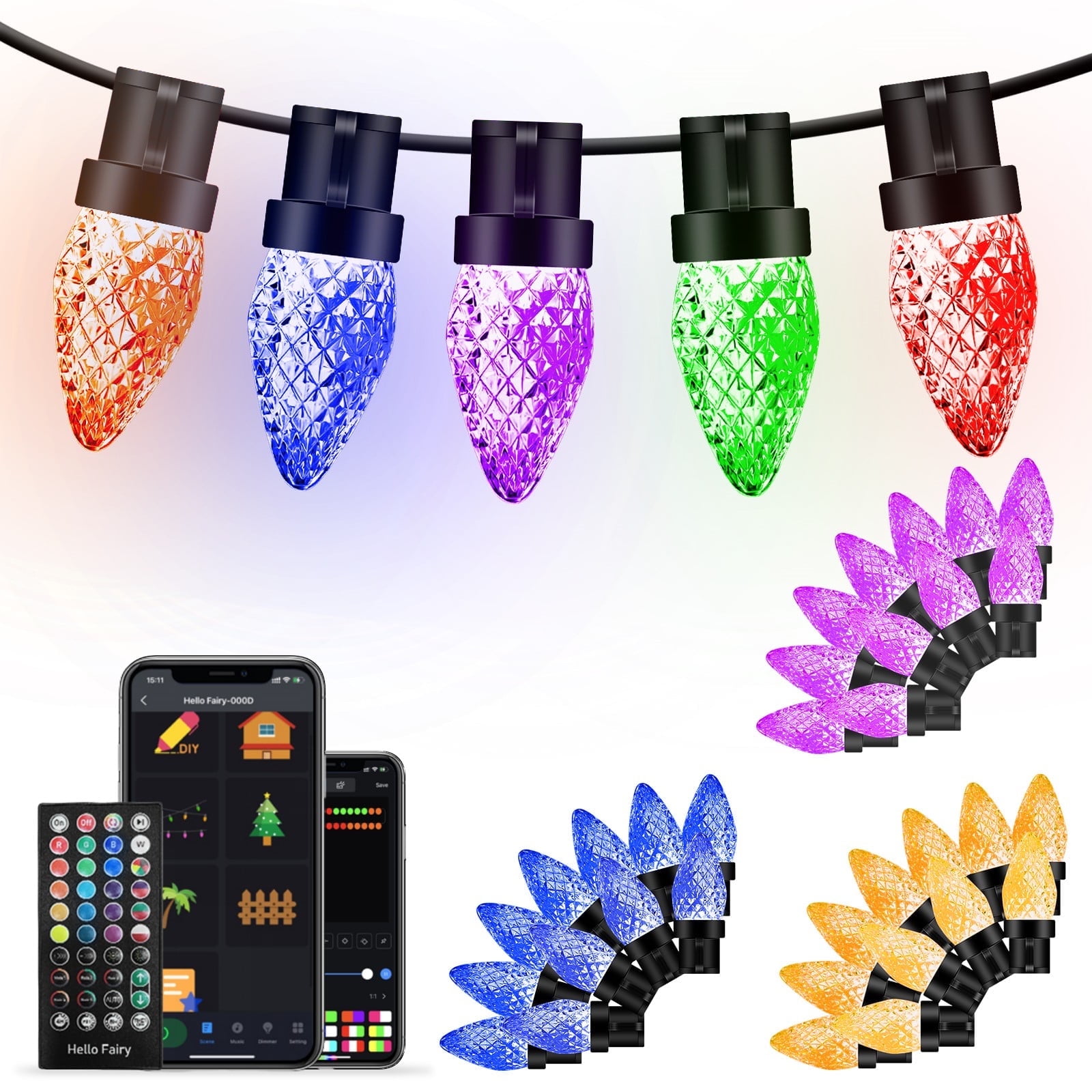 132FT Smart String Lights Extendable C9 DIY Color Changing APP Remote ...