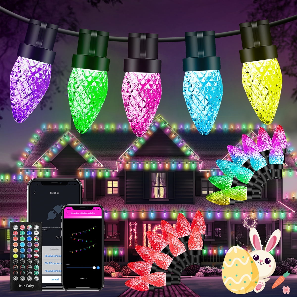 132FT Smart C9 LED String Lights 200 Color Changing Bulbs APP Remote ...