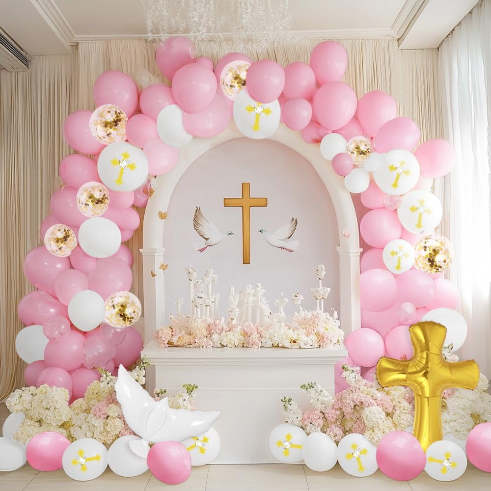 132Pcs First Holy Communion Pink Balloon Garland H2FSDArch Girl Baptism ...