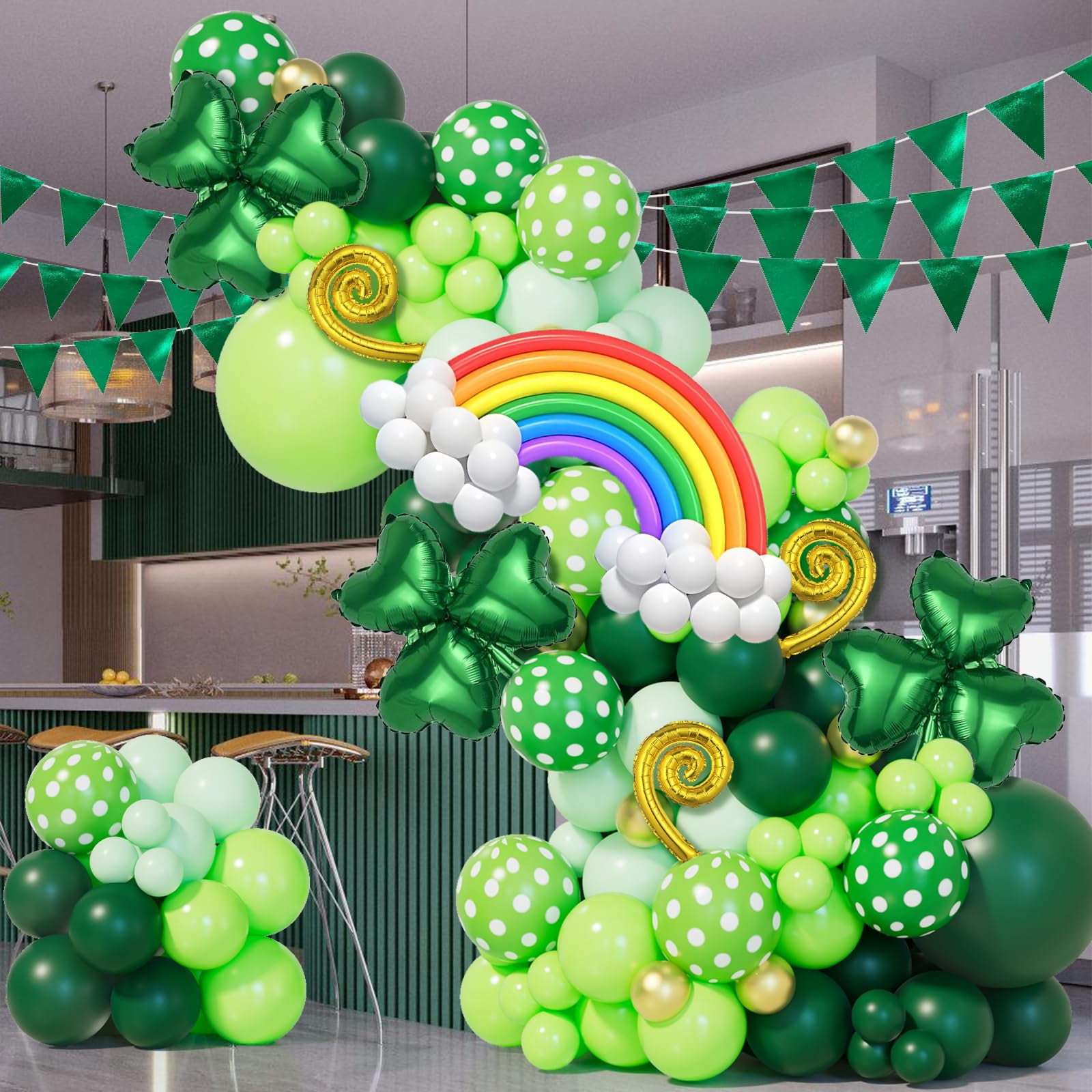 132Pcs St. Patrick's AJH3 Day Balloon Arch Garland Kit with Lucky Shamrock Clover Rainbow Foil ...