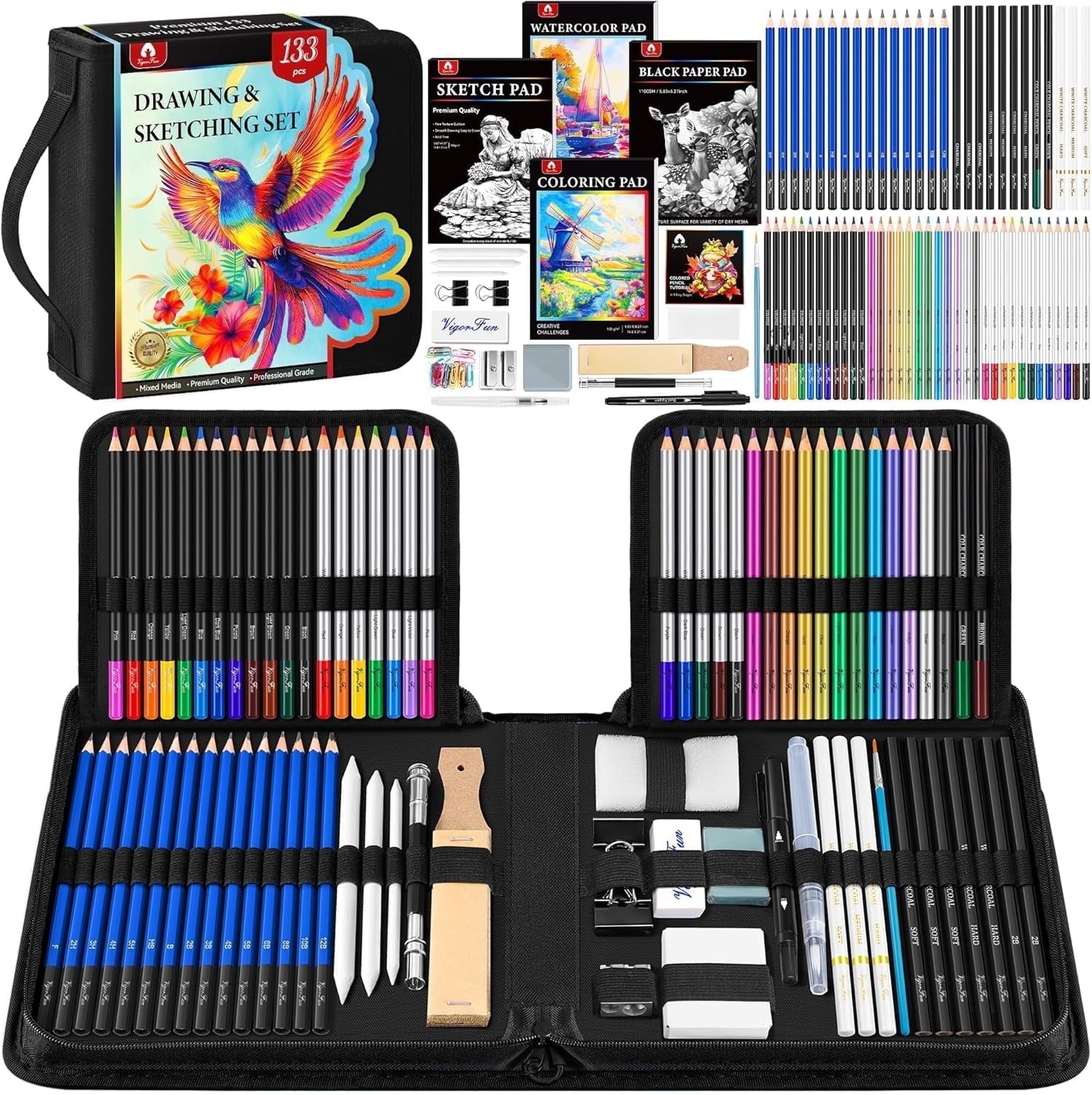 133 PCS Sketching Kit, Pro Drawing Pencils with Sketchbook （Black ...