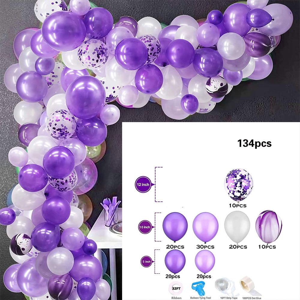 134 PCS Purple Balloon Arch Garland Kit White Confetti Balloons for ...
