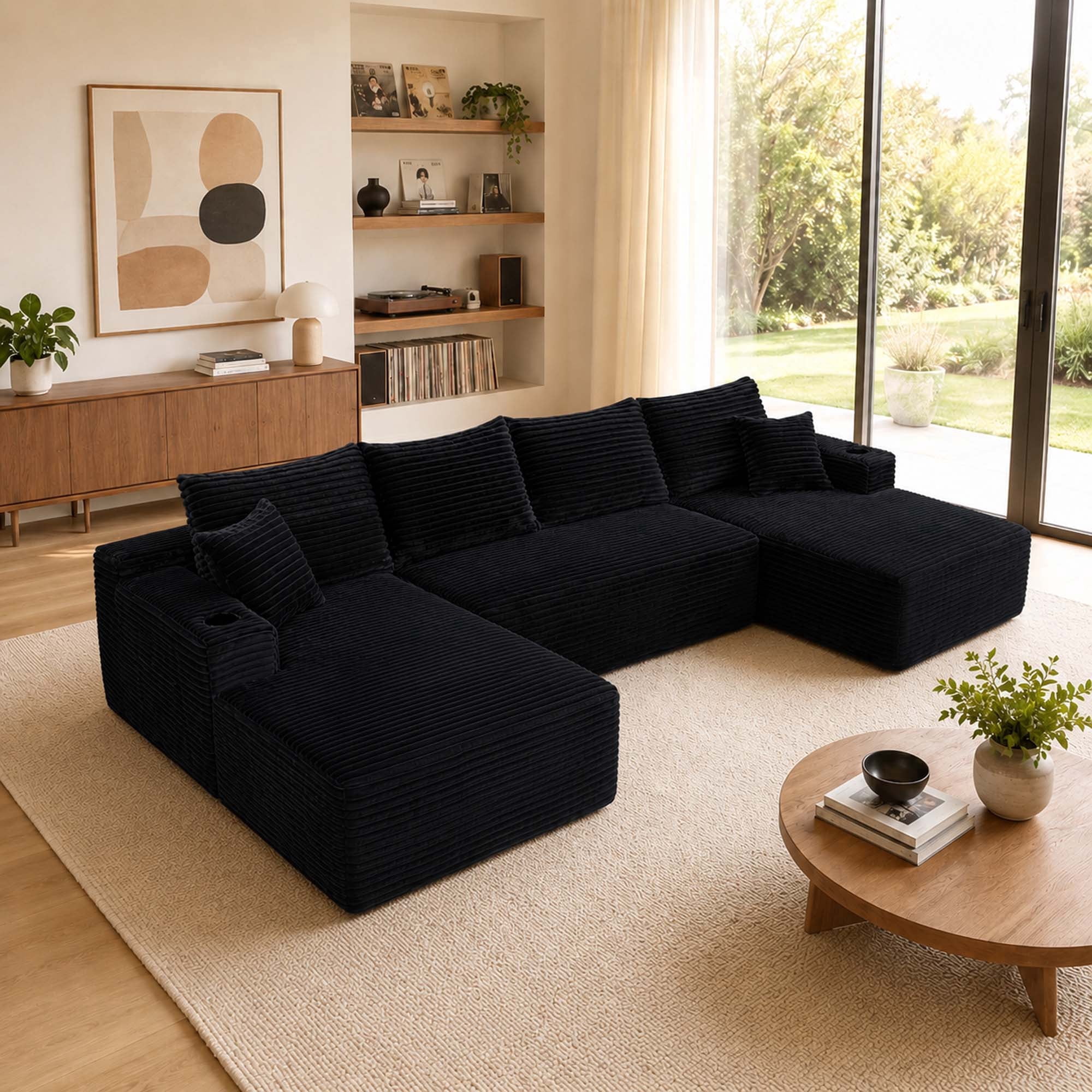 134" U Shaped Sectional Sofa, Corduroy Modular Boneless Couch with Cup ...