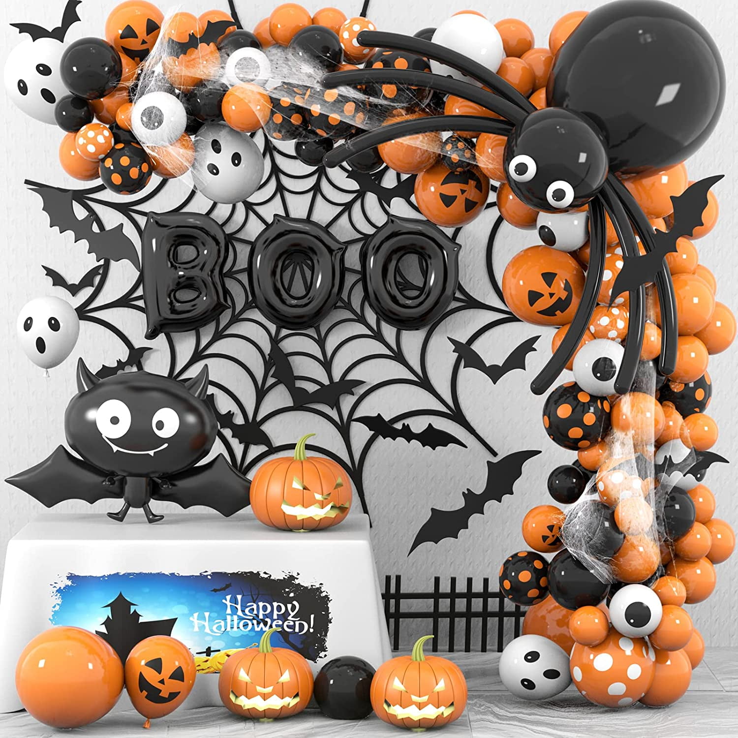 134Pcs Halloween Balloon Kit, Black Orange Spider Balloons, 3D Bat ...