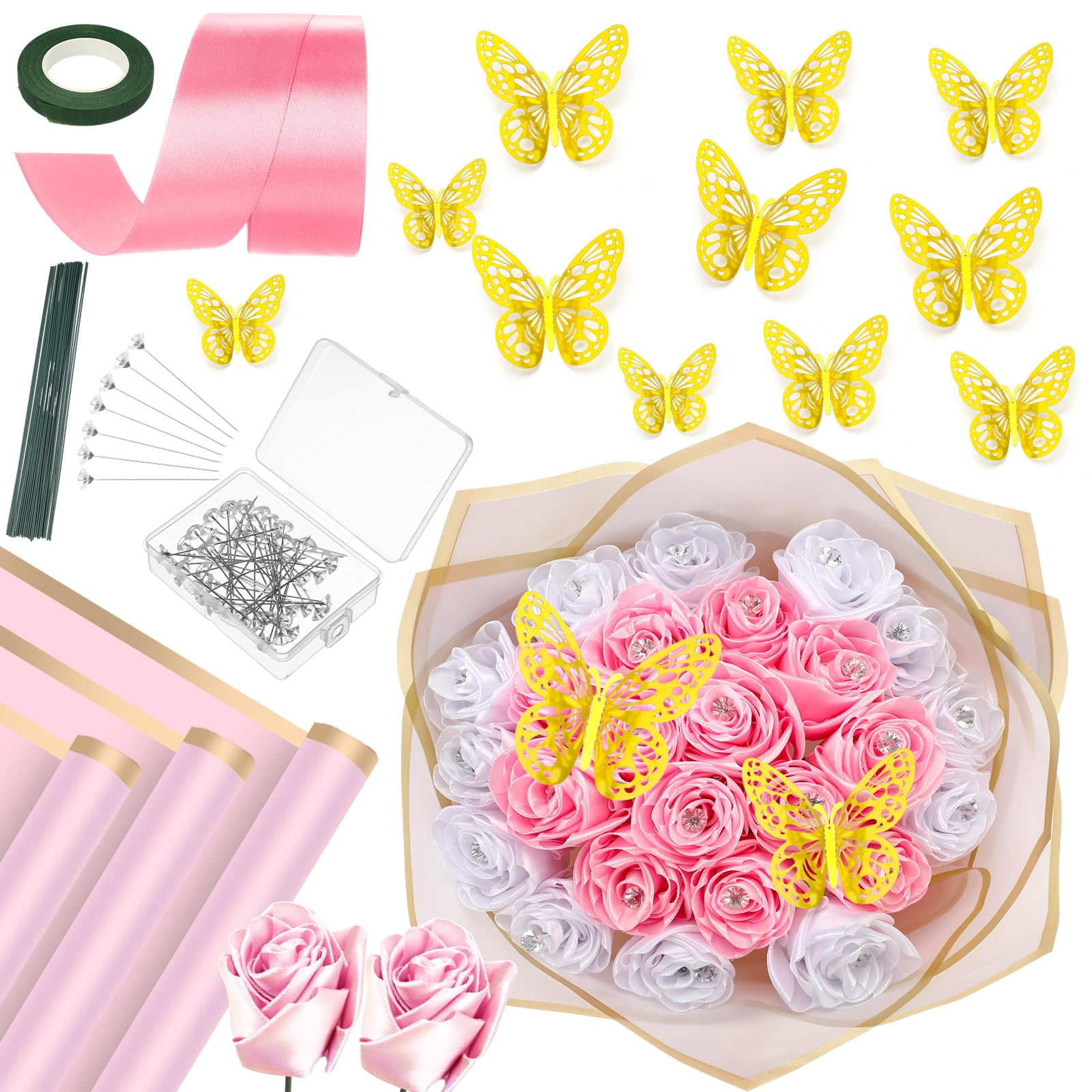 135 Pcs DIY Artificial OIF8 Rose Bouquet 20 Wedding Wrapping Paper 2 ...
