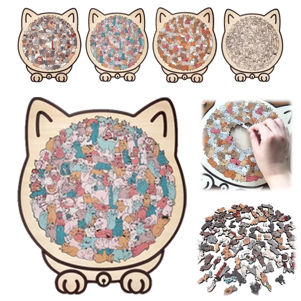 135 Pcs Morandi-Colored Cat Shaped Wooden Jigsaw Puzzle, Cute Wooden ...