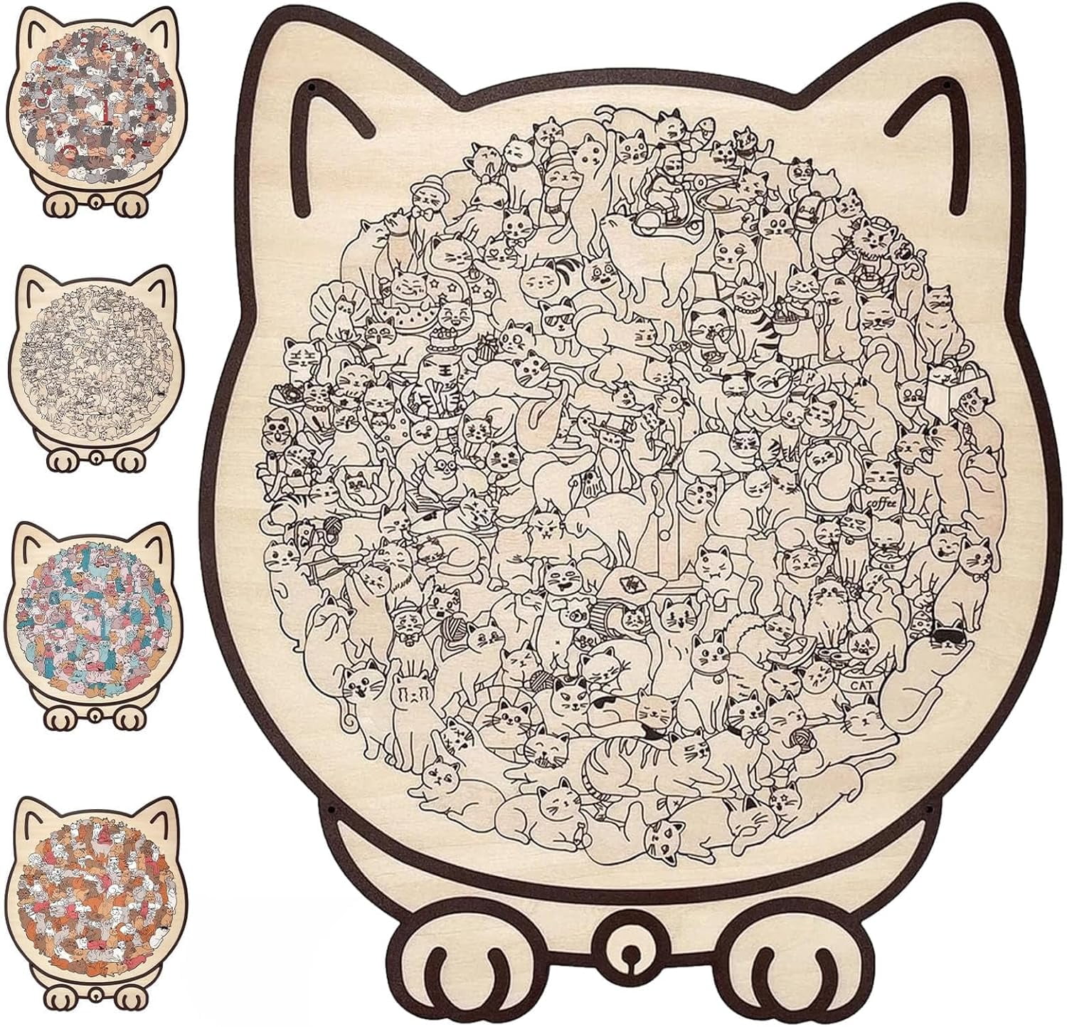 135-Piece Morandi-Colored Cat Shaped Wooden Jigsaw Puzzle, Cats Shaped ...