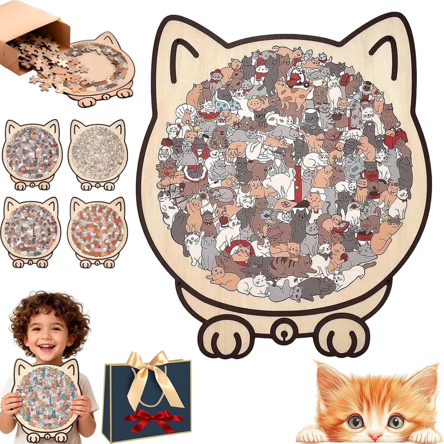 135-Piece Morandi-Colored Cat Shaped Wooden Jigsaw Puzzle, Framed by ...