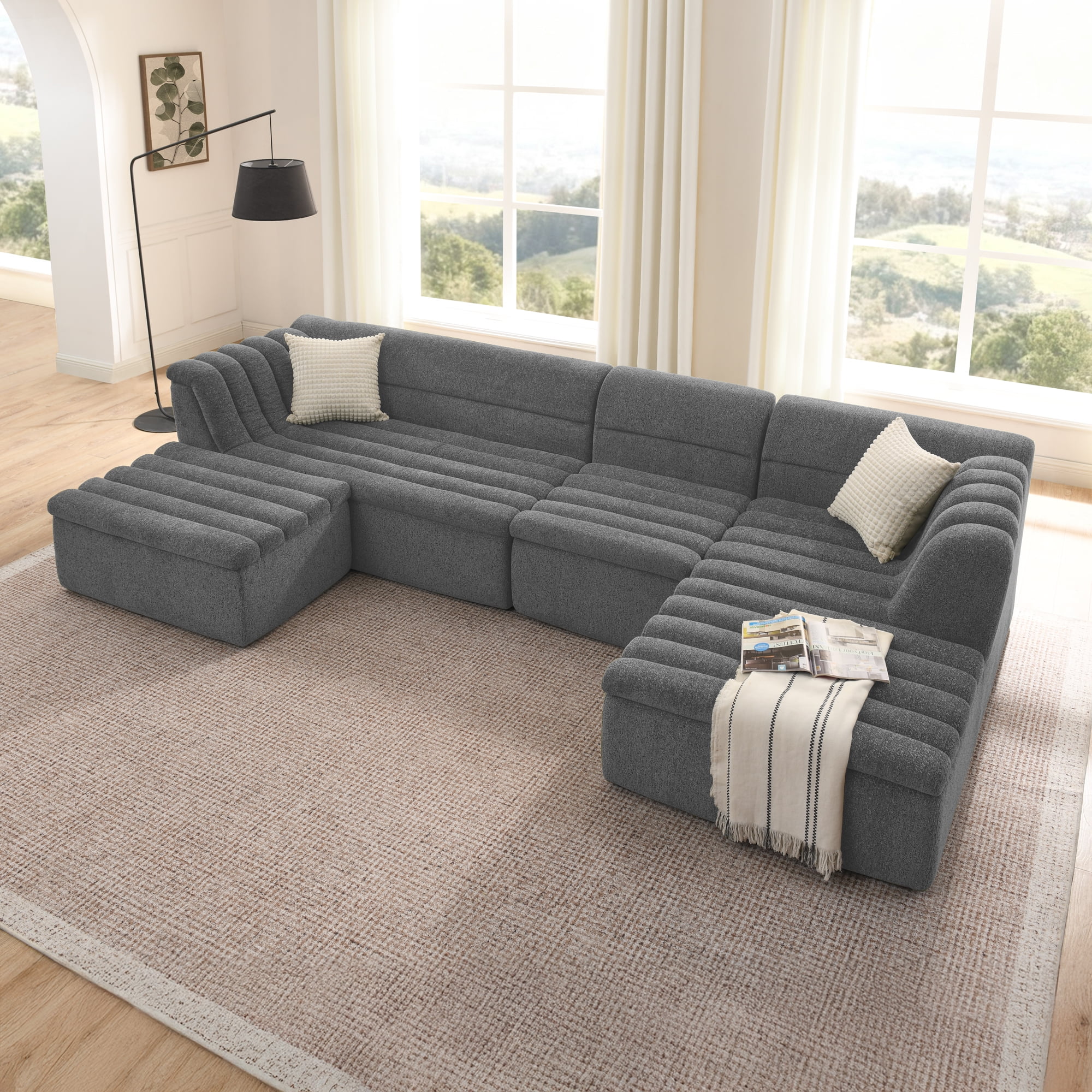 135" U-Shaped Modular Sectional Sofa with Chaise and Movable Ottoman for Living Room Chenille ...