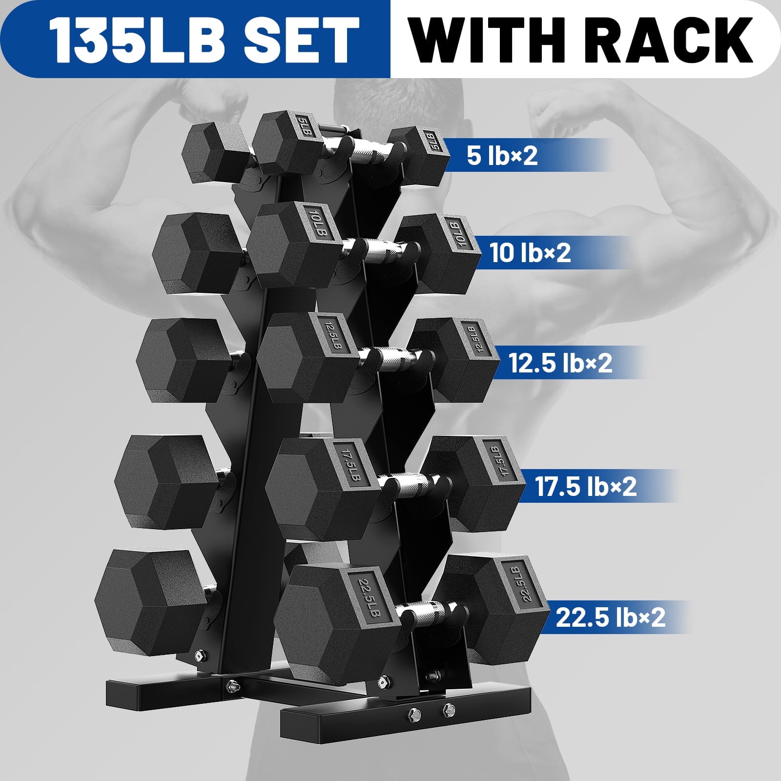135 lb Dumbbell Set - Awith Rack, Rubber Encased Hex Free Weights for ...