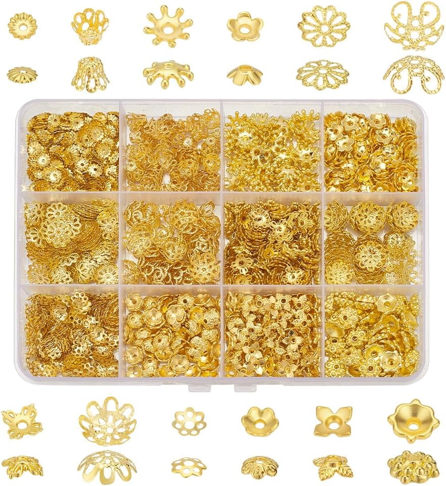 1350pcs Flower Beads Caps 12 Styles Golden Spacer Bead Filigree Flower ...