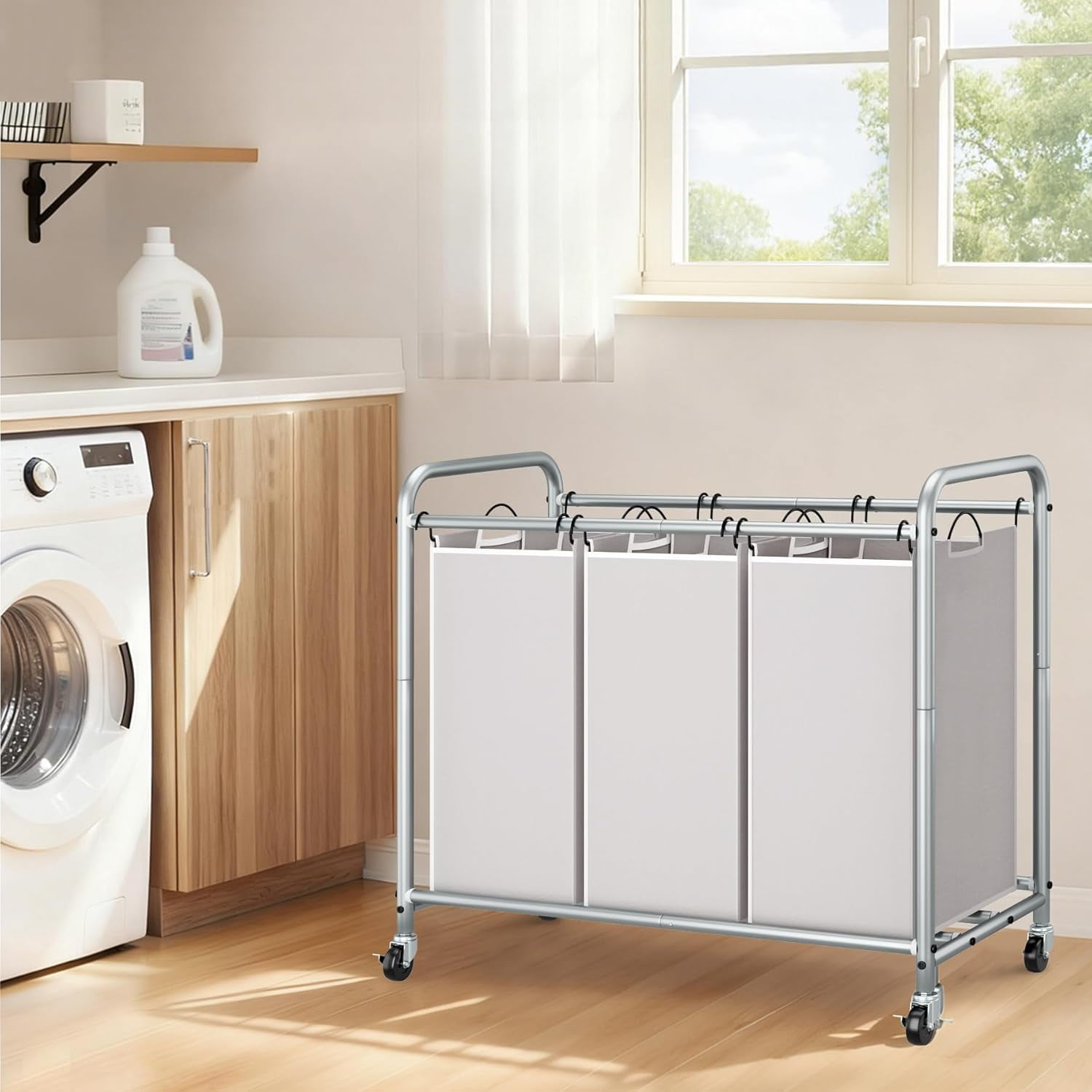 135L 3-Section Rolling Laundry Sorter (Gray) - Lockable Wheels ...