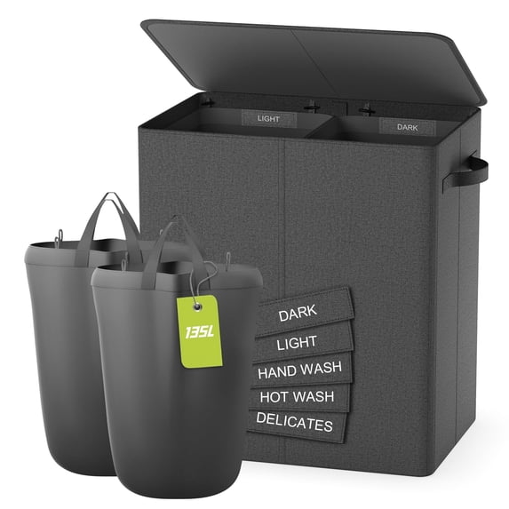 135L Large Laundry Hamper with Lid, 2 Section Gray Laundry Sorter ...